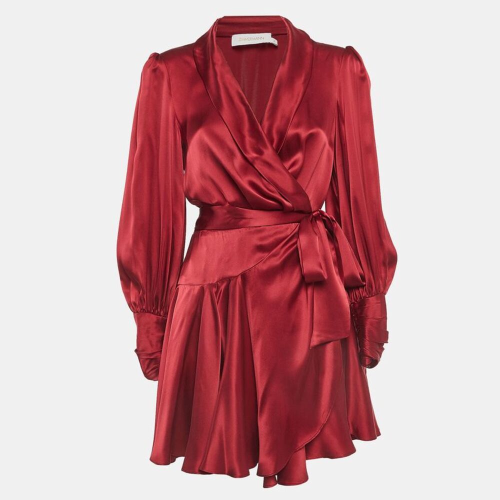 Zimmermann Red Silk Satin Blouson Sleeve Mini Wrap Dr… - Gem